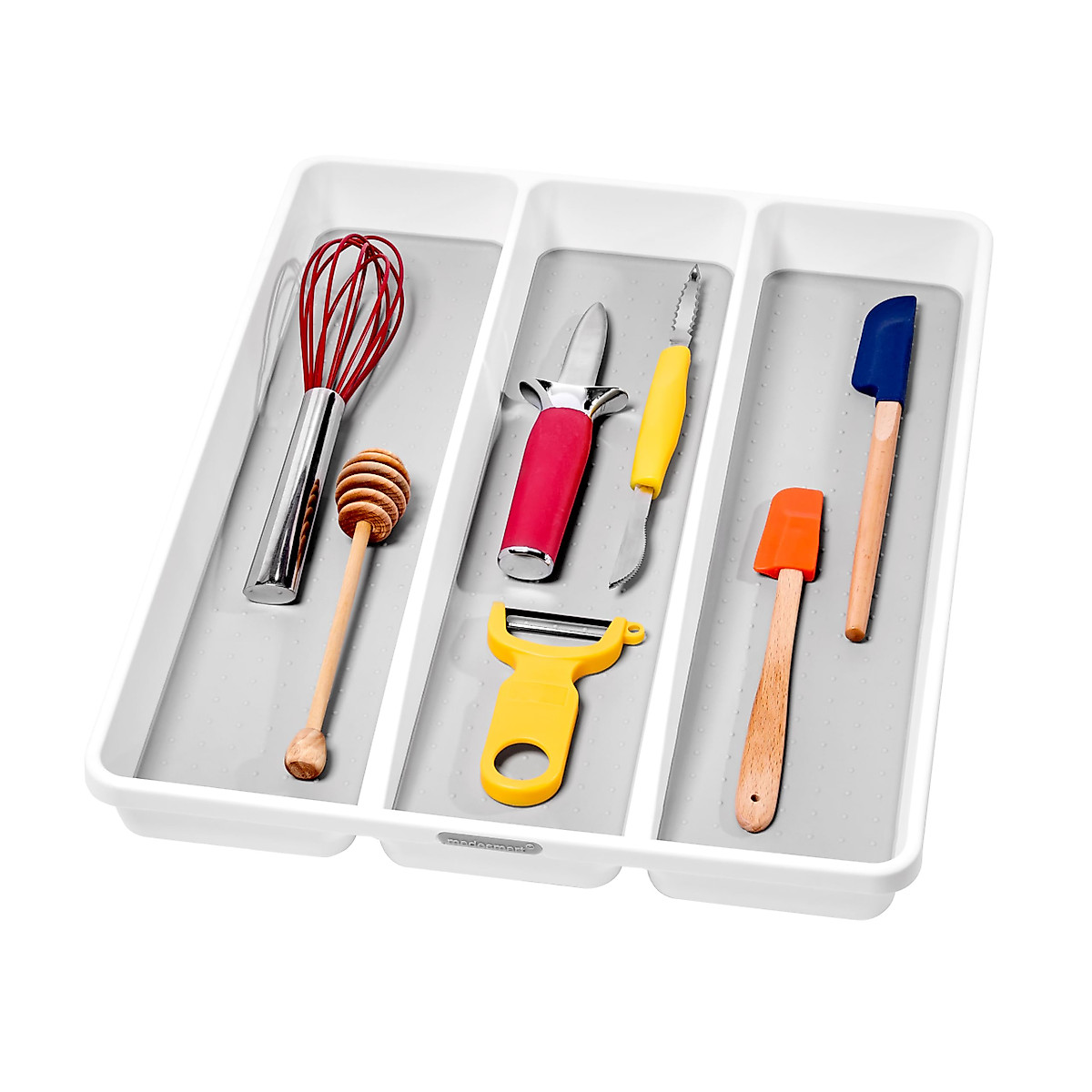 madesmart Antimicrobial Classic Large Utensil Tray Soft Grip, Non-Slip Kitchen Drawer, Multi-Purpose Home Organization, EPA Certified, 3 Compartments, White