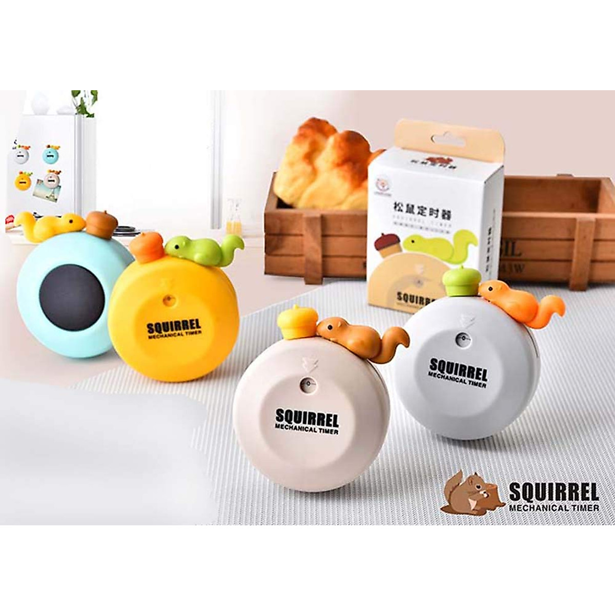 Cute Squirrel Machinery Timers 60 Minutes Mechanical Kitchen Cooking Timer Clock Loud Alarm Counters Manual Timer Kitchen Utensil (Beige)