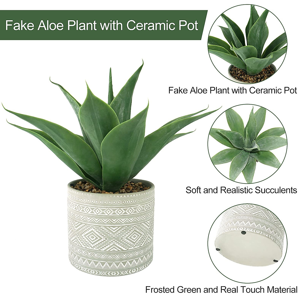 Hisow Artificial Potted Plants, 13.8" Artificial Succulent Fake Aloe, Large Faux Aloe Plant in Pot for Home Office Room Bathroom Garden Decor (White)