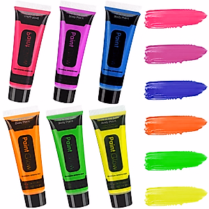 Boobeen Face & Body Paint Neon Fluorescent Glow Water Based Face Painting Kit UV Glow Water Activated Body Paint, in Dark Party Supplies, Set of 6 Tubes