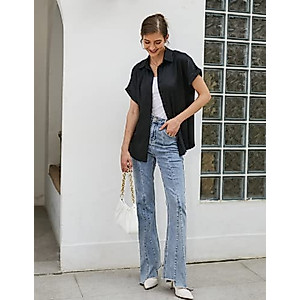 Chigant Silk Blouse Short Sleeve Button Down Shirts Satin V-Neck Tunic Top Black