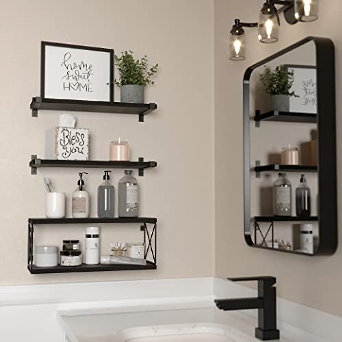 WOPITUES Floating Shelves Wall Mounted, Wood Bathroom Shelves with Extra Storage Shelf, Rustic Wall Shelves for Bathroom, Bedroom, Kitchen, Living Room, Plants - Black