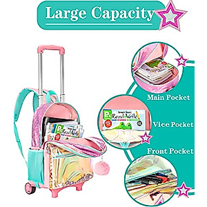 Meetbelify Girls Rolling Backpacks Wheels Roller Backpack Laptop Travel Luggage with Lunch Box for Elementary Girls Students