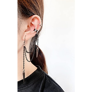 Black Spike Asymmetric Threader Drop Dangle Earrings for Women Men Teen Girls Boys Punk Personalized Cartilage No Pierced Cuff Long Chain Fish Hook Piercing Hanging Earrings for Boyfriend Daughter Son