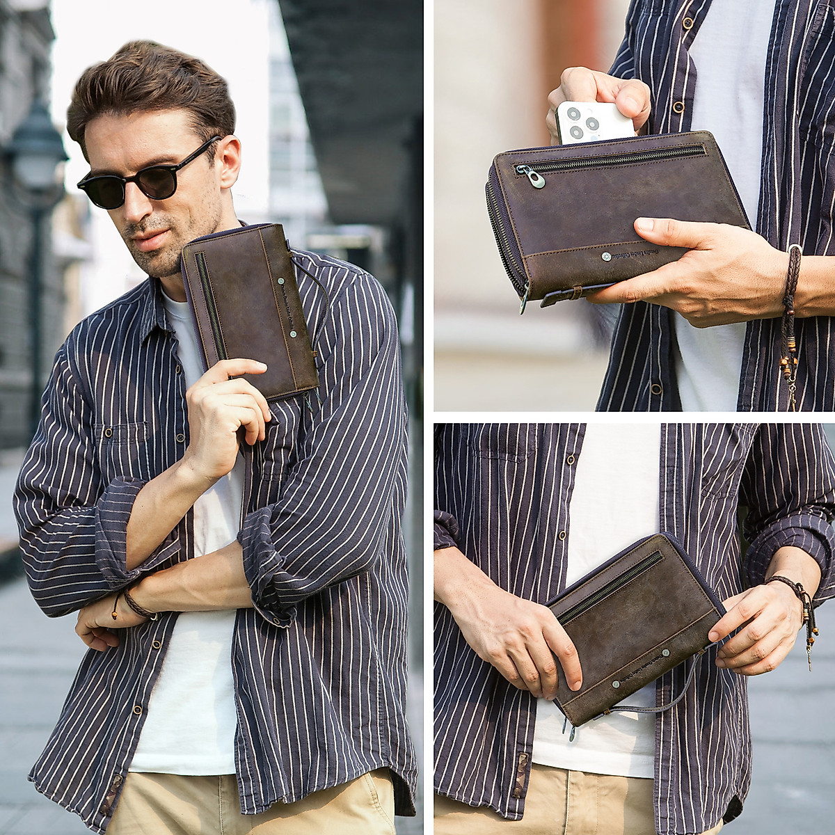 Crazy Horse Leather Men Clutch Hand Bags Genuine Leather Purse RFID Wallet Large Capacity Business Card Multifunction Zipper Handbag