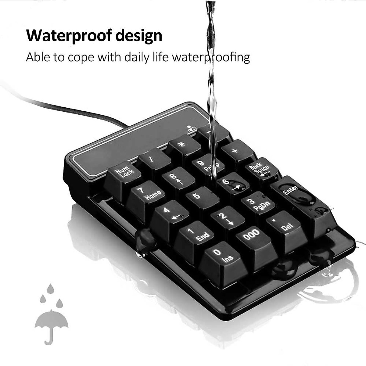 Kadaon USB Number Pad, 19 Keys Waterproof Silent Numeric Keypad with Mini USB cable, for Laptop/Notebook, Compatible with Windows System