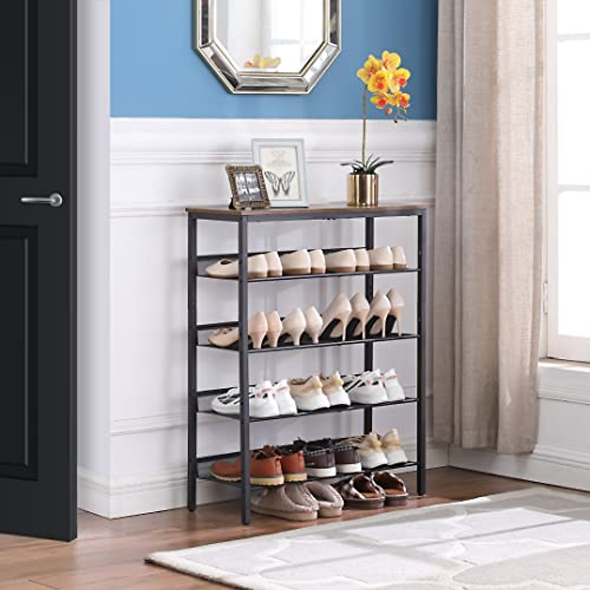 Kavonty Shoe Rack 5 Tier,Shoe Rack Organizer for Closet Entryway with Storage Shelves and Spacious Top,20-25 Pairs Shoes，Shoe Shelf, Steel Frame,Industrial, Rustic Brown and Black