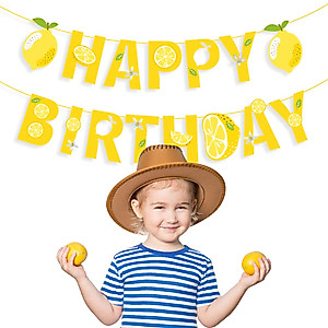 BHNACIER Lemon Banner Lemon Happy Birthday Banner Lemonade Birthday Party Banner Lemon Party Decoration Lemonade Happy Birthday Sign for Summer Fruit Birthday Party Lemon Theme Bridal Shower Supplies