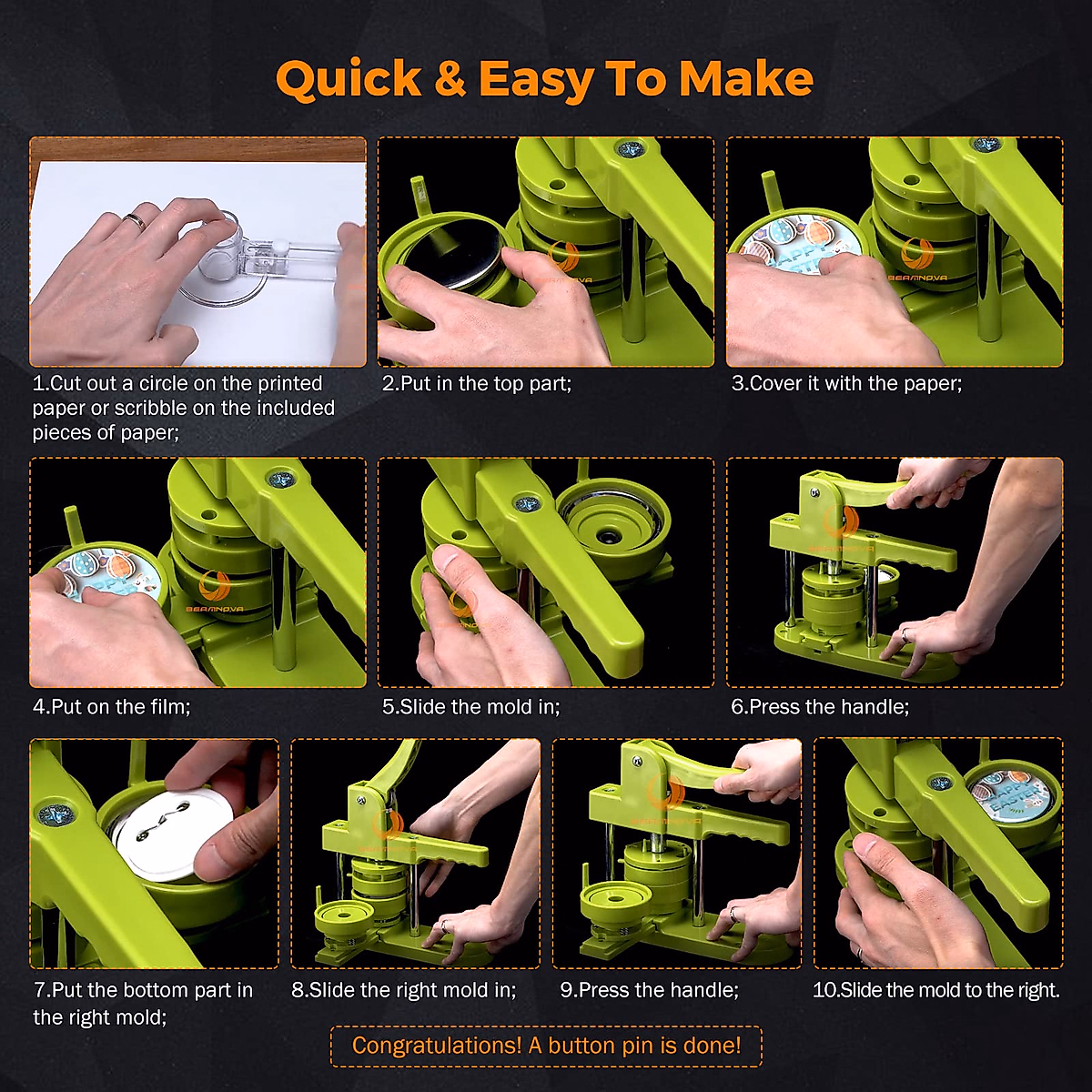 BEAMNOVA Button Maker Machine Multiple Sizes 1.73+2.28+2.95 inch, 44mm 58mm 75mm Sliding Dies, 300 Sets of Button Supplies, Circle Cutter Hand Press Machine Round Pin Badge Maker Kit