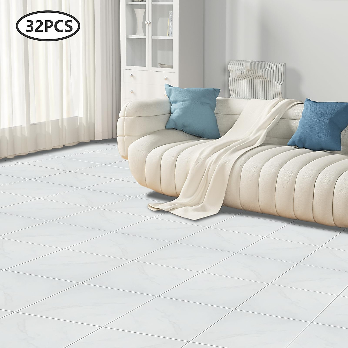LOHISHIL 32PCS 12 * 12in Stick Floor Tile White Floor Tiles Self, Adhesive Wall Tiles Peel and Stick Floor Tiles Bathroom Floor Stickers for Kitchen, Bedroom, Hallways, Garages, Lobbies(White)