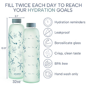 Asana Bottle 32 oz Glass Water Bottle with Time Marker, BPA Free Borosilicate Glass, Premium Leakproof Reusable Water Bottle with Times to Drink (Sage Serenity)
