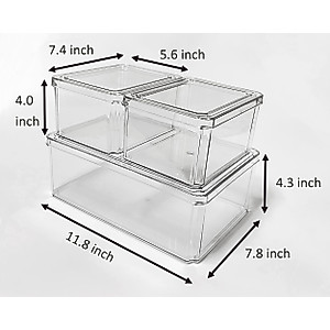 Refrigerator Organizer Bins with Lips BOPEY BPA Free Stackable Plastic Clear Food Storage Bin Multipurpose Box for Freezer Fridge Kitchen Pantry Countertop Dresser, 3-pack(2 Medium 1 Large)