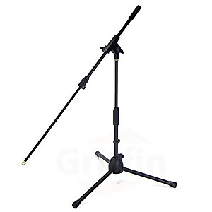 Short Microphone Stand with Boom Arm by GRIFFIN | Low Profile Tripod Mic Stand Mount for Kick Bass Drum, Studio Desktop Recording, Singing, & Guitar Amplifiers | Small Height Telescoping Boom Holder