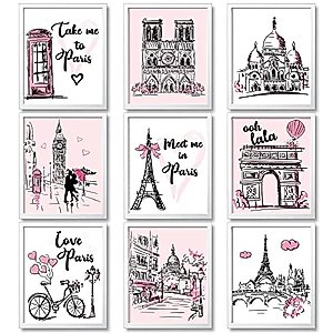 Pajean 9 Pieces Paris Wall Art Prints, Pink Eiffel Tower Bedroom Decor Romantic Paris Theme Room Decor Unframed Art Poster Decor for Girls Living Room Bathroom Kitchen Office Decor, 8 x 10 Inch
