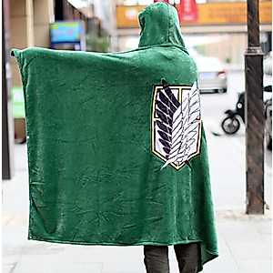 Anime Throw Blanket Flannel Fleece Blanket Cosplay Hooded Cloak Shawl Wrap Nap Quilt (Green, 47''X 65'')