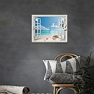 Beach Wall Art Beach Pictures Wall Decor 3D Window Art Starfish Blue Sea Coastal Painting Canvas Art Palm Tree Wall Decor Ocean Painting Tropical Wall Decor Framed for Bathroom Living Room Bedroom