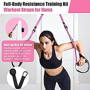 Home Resistance Training Kit, Pink Resistance Trainer Exercise Straps with Handles, Door Anchor and Carrying Bag for Home Gym, Bodyweight Resistance Workout Straps for Indoor & Outdoor
