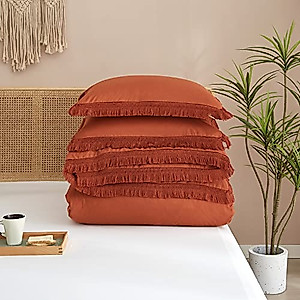 Smoofy Comforter Set Queen Size Terracotta 3 Pcs Boho Fringe Tufted Soft Microfiber Bedding Sets, Tassel Burnt Orange Comforter Sets for All Season (1 Comforter + 2 Pillowcases)