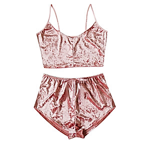 Women Sexy Strappy Babydoll Lingerie Velvet Pajama Set Camisole with Shorts Set Nightwear 2 Piece Sleepwear, Pink, Large