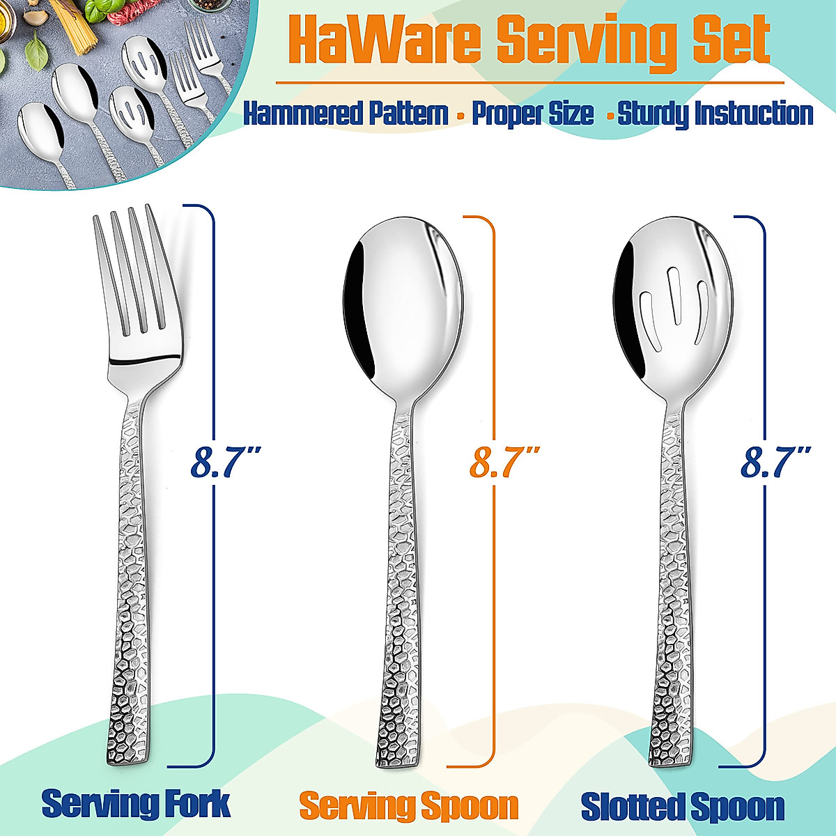 HaWare Hammered Serving Utensils Set, 6-Piece Stainless Steel Square Hostess Serving Set include Serving Spoon, Fork, Slotted Spoon for Party Buffet Banquet Catering, Mirror Polished, Dishwasher Safe