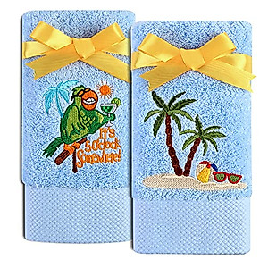 Quera 2 Pack Summer Hand Towels 100 Percent Cotton Embroidered Palm Trees Paradise Beach Decor Parrot Bathroom Decorative Dish Set for Drying, Cleaning, Cooking,, Blue, It's 5 O'CLOCK Somewhere!