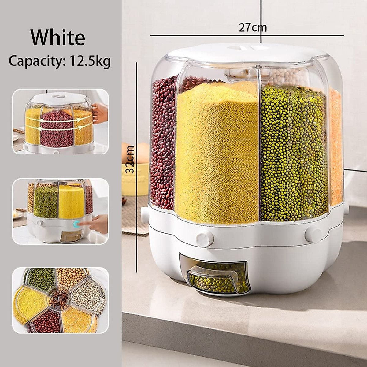 6 Grid Grain Container, 360° Rotating Food Dispenser Measuring Cylinder with Lid, Rice Storage Bucket, Dry Food Dispenser,for Kitchen Storage with Cup, 10kg/12.5kg ( Color : White , Size : 12.5kg )