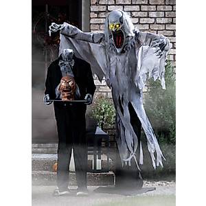 Fun Costumes 5ft Black Head on a Platter Butler Animated Outdoor Decoration, Zombie Maid Light-Up Eyes Adjustable Volume Decor Standard