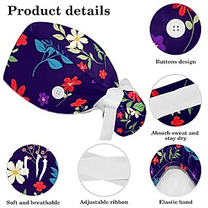 Scrub Surgical Hat,Cycling Hat with Buttons and Cotton Sweatband,Purple Background Floral