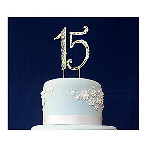 15 Cake Topper | Premium Bling Rhinestone Diamond Gems | 50th Birthday or Anniversary Party Decoration Ideas | Quality Metal Alloy | Perfect Keepsake