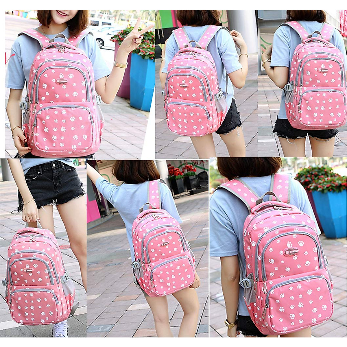 JiaYou School Backpack Dog Paw Prints Daypack For Teens Girls Primary School Students(Rose 3PCS,20L)