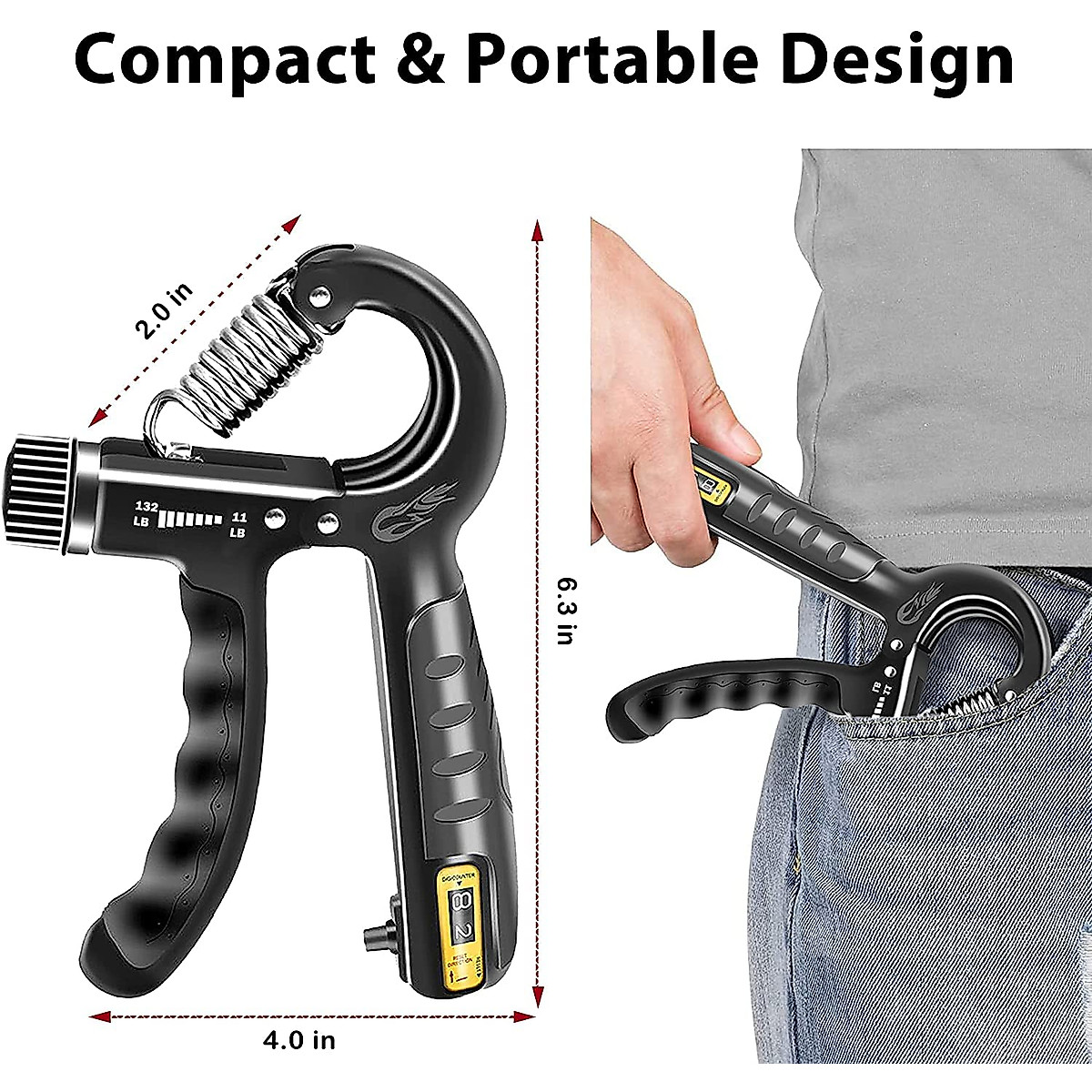 FLYFE Grip Strength Trainer, Plastic, 2 Pack 11-132 lbs, Forearm Strengthener, Hand Squeezer Adjustable Resistance, Hand Grip Strengthener for Muscle Building and Injury Recovery (Black)