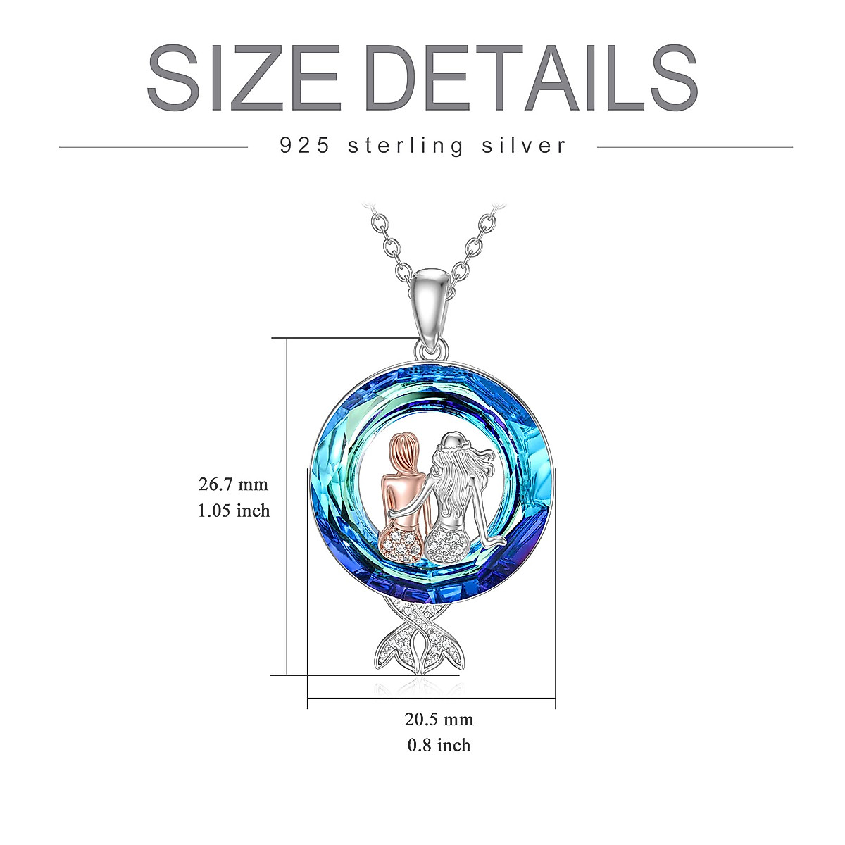 MONGAS Mermaid Necklace 925 Sterling Silver with Crystal Mermaid Sister Christmas Jewelry Gifts for Women