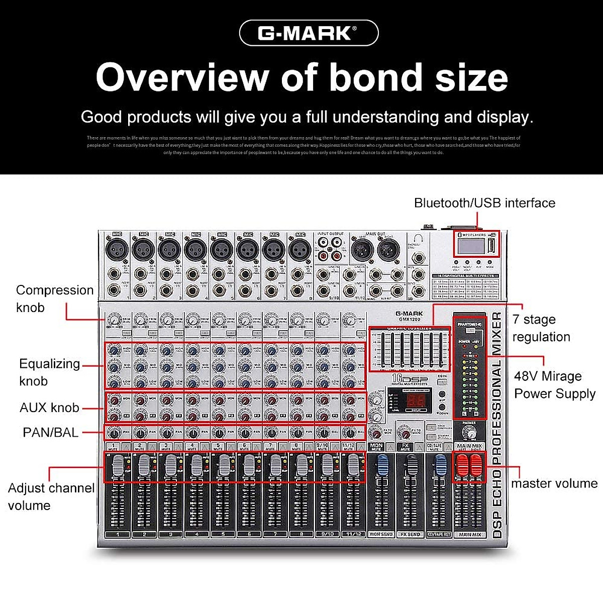 DJ Mixer G-MARK GMX1200 12 channel Professional USB Audio Mixing console Music Studio 8 mono 4 stereo 7 brand EQ 16 Effect Podcast Streaming Audio Interface