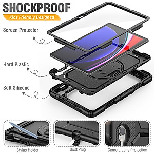 HXCASEAC Case for Galaxy Tab S9 / S9 FE 5G Case, Protective with Screen Protector/Hand Strap/S Pen Holder, Heavy Duty Shockproof for Samsung Galaxy S9 FE Tablet Case 10.9 inch / 11 inch - Black
