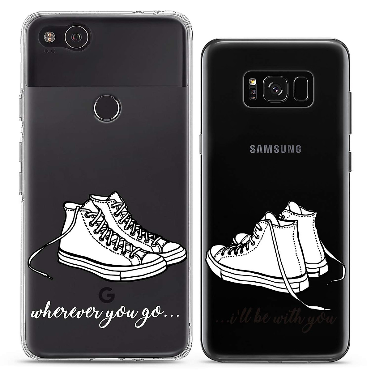 Cavka Matching Couple Cases Compatible for Google Pixel 8 Pro 7a 7 Pro 6 Pro 6a 6 5a 5 XL 4a 5G 4 XL 4a Crystal Sneakers Wherever You Go I Will Be With Clear Silicone Cover Converse Anniversary Friend
