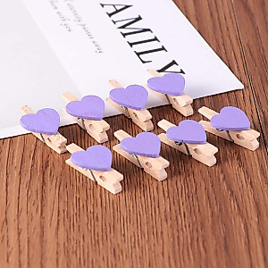 NUOBESTY Woodsy Decor 50pcs Mini Wooden Clips Clothespins Crafts Clips with Hearts for Wedding Party Valentines Day Decoration Purple Trendy Decor