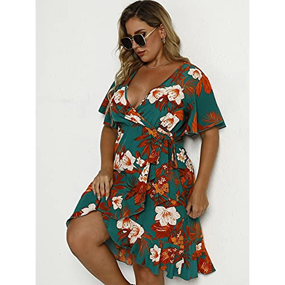 Floerns Women's Plus Size Striped Print Wrap V Neck Short Sleeve A Line Dress Green Multi 1XL