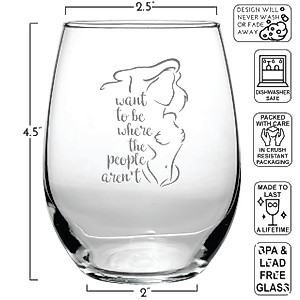 I Want to be Where the People Aren't - 15 oz Stemless Wine Glass - Ideal for Little Mermaid Fan - Ariel Inspired - Funny Gag Birthday Christmas or Movie Themed Gift - Introvert Humor