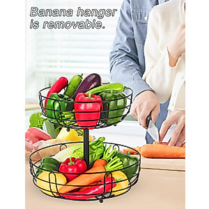 Bextcok 2 Tier Fruit Basket, Vegetables Fruit Bowl Storage with Banana Holder Hanger Hook Stand Organizer for Kitchen Countertop Counter, Black