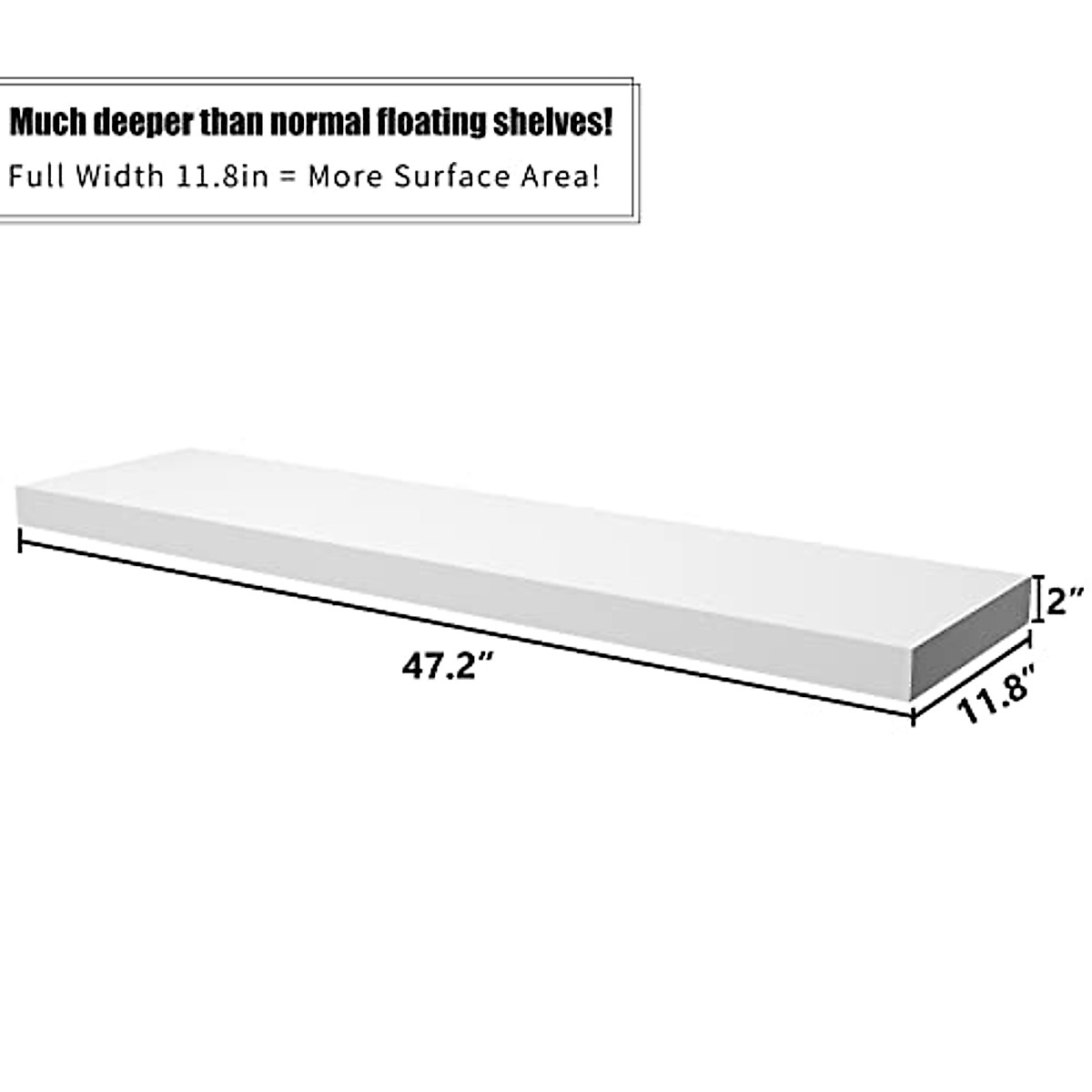 WELLAND 12" Deep White Floating Shelves, Floating Shelf Wall Shelf Display Floating Shelf, 47.24" L x 11.81" D x 2" T, Deeper Than Others, White