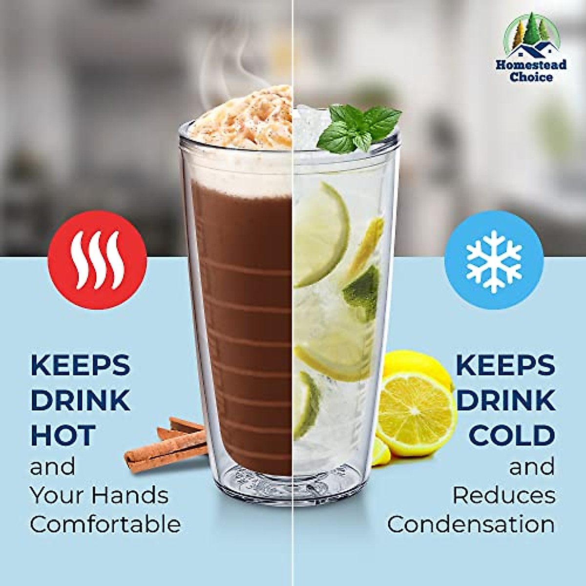 Insulated Drinking Glasses 16oz 4-pack - Made in USA Great for Iced Coffee & Hot Drinks, Clear Double Wall Plastic Tumbler Cups, Microwave, Freezer & Top Rack Dishwasher Safe Reusable Cups