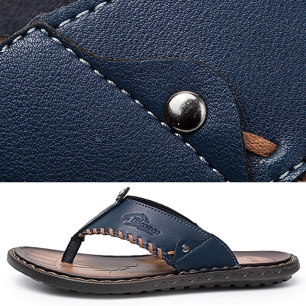 MXTSH Mens Flip Flops Casual Leather Home Sandals For Mens Rubber Sole Slippers (US Size 9.5(43), Blue Flip Flops)