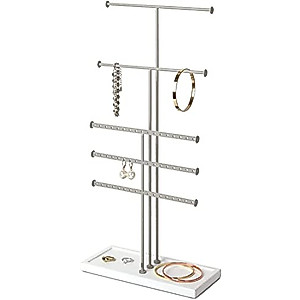 Umbra Trigem Tiered Tabletop Jewelry Organizer Freestanding Hanging Necklace, Earring and Bracelet Display, 5, White/Nickel