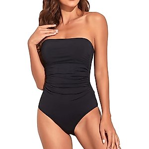 Holipick Women Black Bandeau One Piece Swimsuits Tummy Control Bathing Suits Halter Strapless Swimwear S