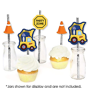 Construction Truck Paper Straw Decor - Baby Shower or Birthday Party Striped Decorative Straws - Set of 24