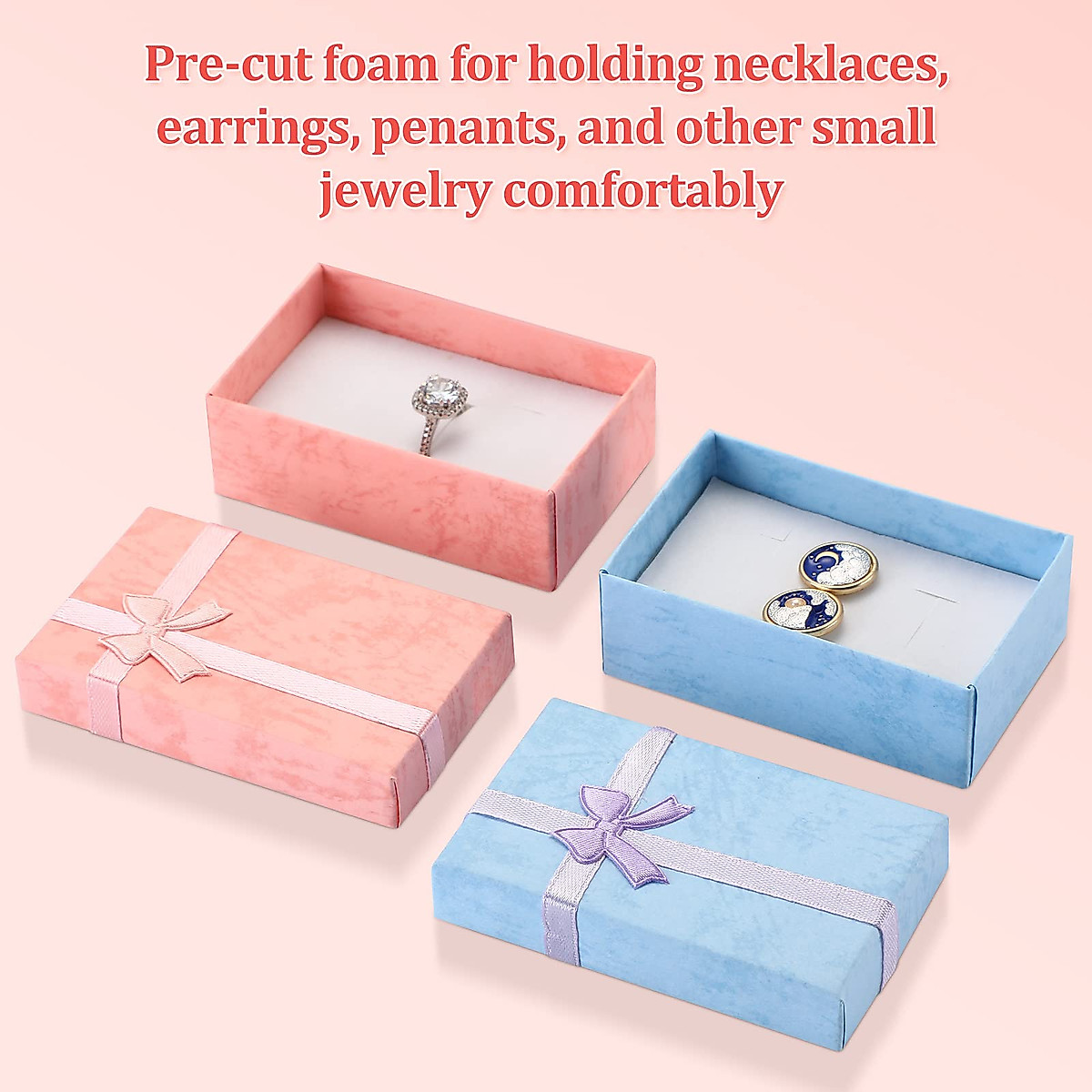 72 Pieces Jewelry Gift Boxes Set Empty Jewelry Boxes Small Gift Boxes for Jewelry Cardboard Boxes for Jewelry Packaging with Ribbon Bowknot for Anniversaries Weddings Birthday, 8 Colors