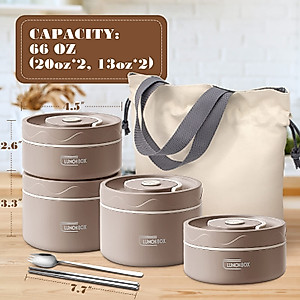 QQKO Microwavable Portable Insulated Food Lunch Container Set with Lunch Box, 4 Separate Stackable Lunch Container for Adult Kids Men Women, 66 Oz/8.25 Cup, Brown