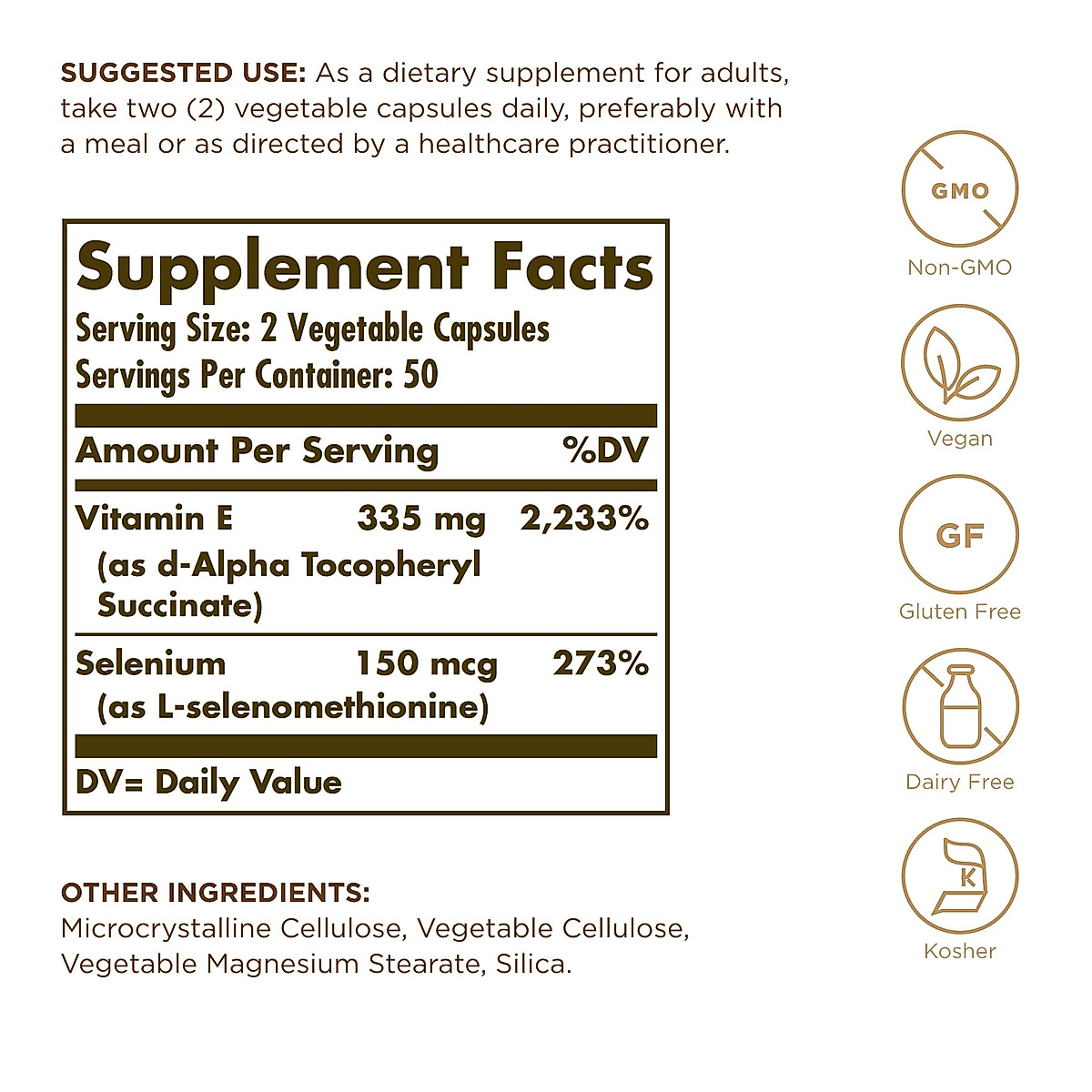 SOLGAR Dry Vitamin E with Yeast-Free Selenium - 100 Vegetable Capsules - Advanced Antioxidant Support - Non-GMO, Vegan, Gluten Free, Dairy Free, Kosher - 50 Servings