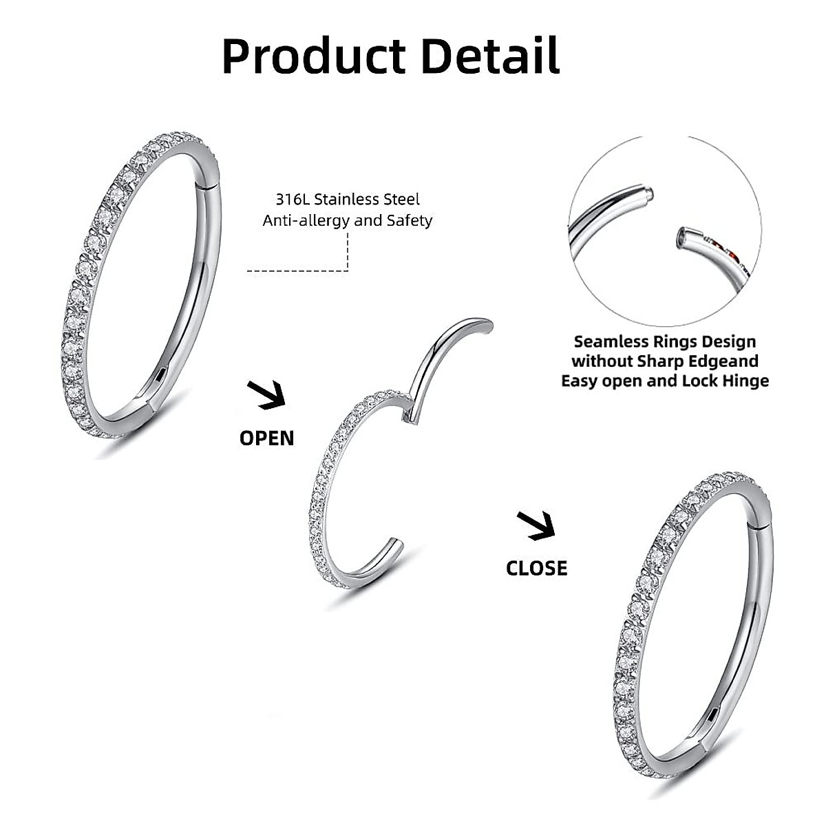 Yaoyaoyors 316 stainless-steel Hinged Nose Rings 18G(1.0mm) 8mm Diamonds Unisex Septum Clicker Helix Cartilage Earrring Hoop Conch Daith Helix Tragus Piercing Jewelry,Bright Silver Color