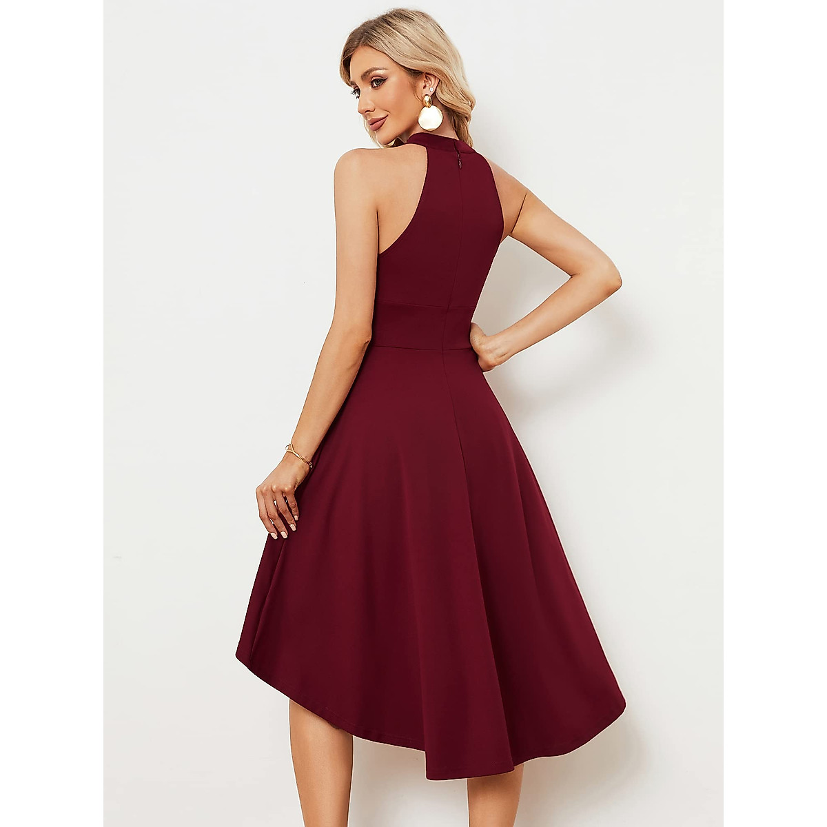 Ever-Pretty Women's Halter Neck Pleated Sleeveless High Low A-Line Midi Cocktail Dresses Burgundy S